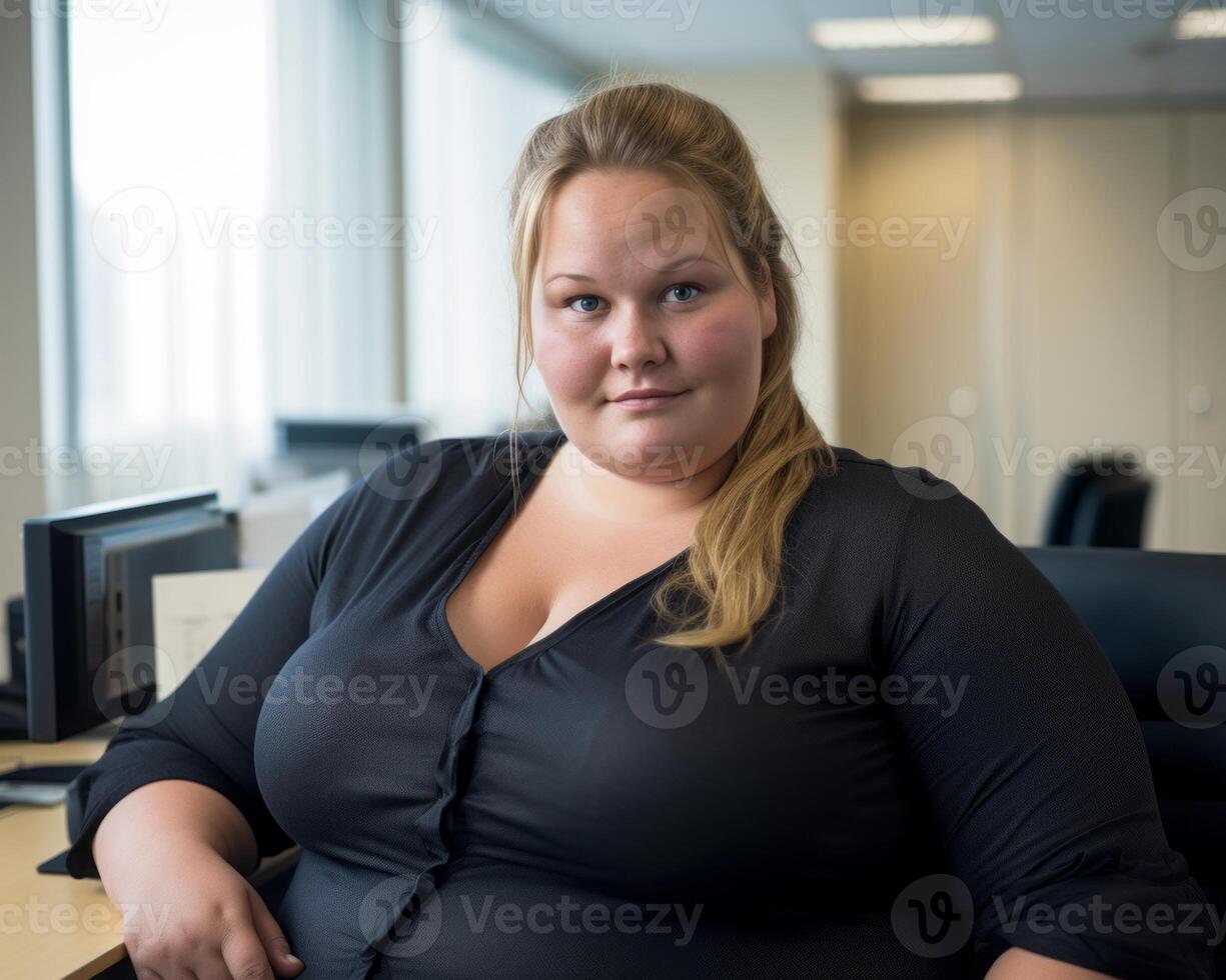 a fat woman sitting at a desk in an office generative ai 32090343 Stock Photo at Vecteezy
