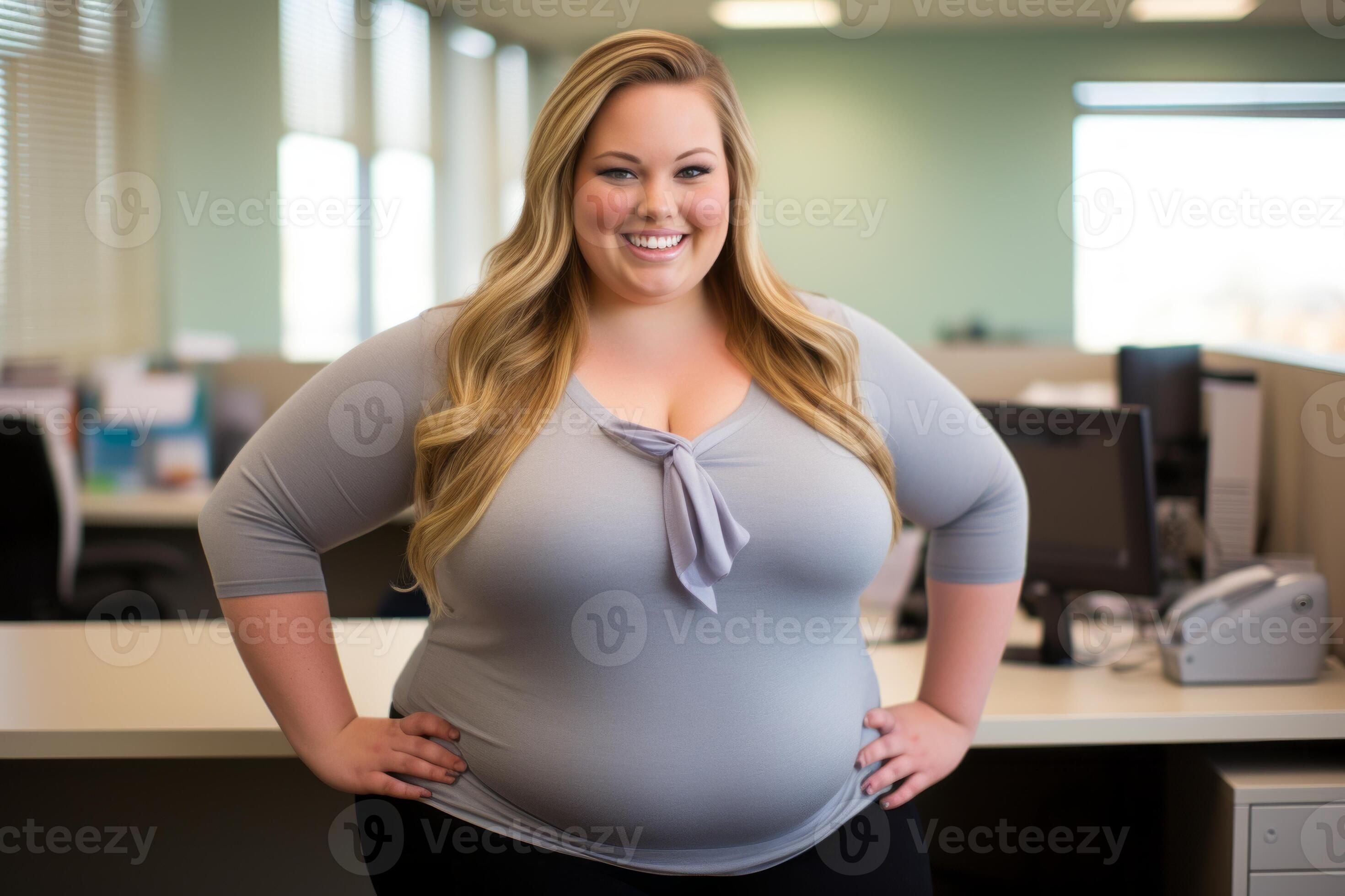 a fat woman standing in front of an office desk generative ai 32090346 Stock Photo at Vecteezy