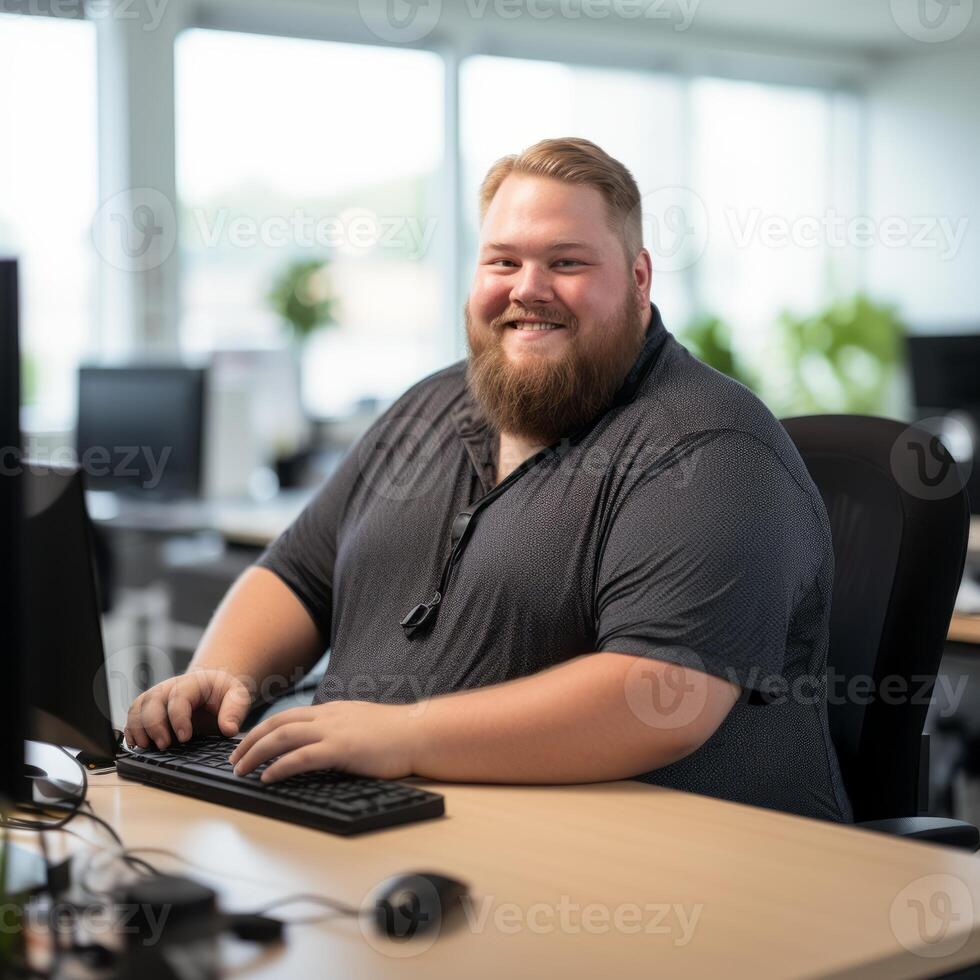a man with a beard sitting at a desk in front of a computer generative ...
