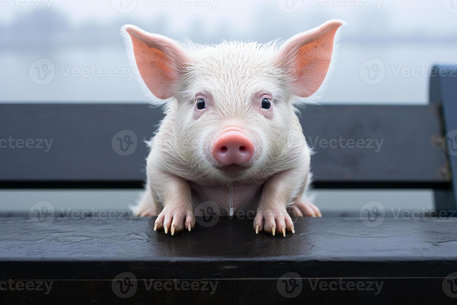 a small white pig sitting on a bench generative ai 32091739 Stock Photo ...