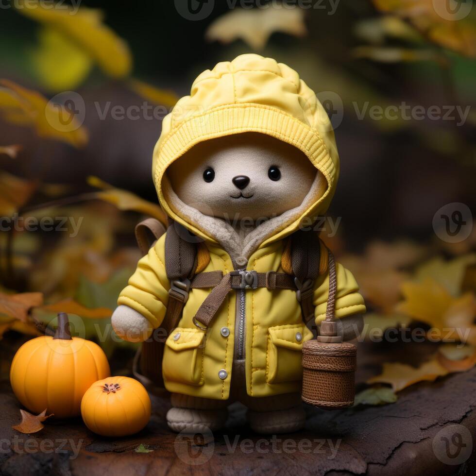 a teddy bear wearing a yellow raincoat and holding a pumpkin generative ...