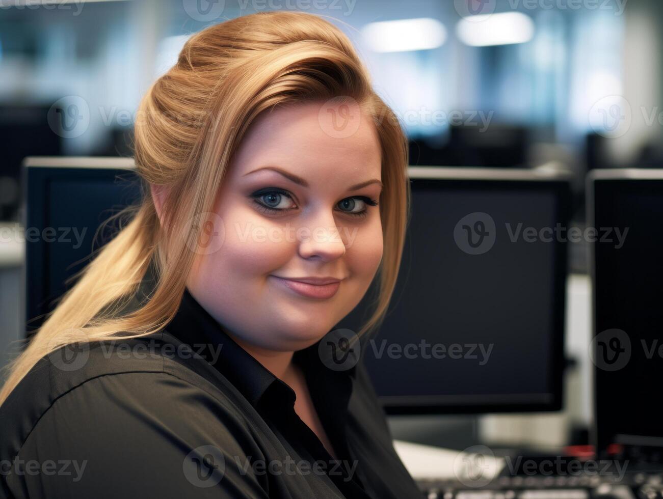 a woman sitting at a desk in front of two computer monitors generative ...