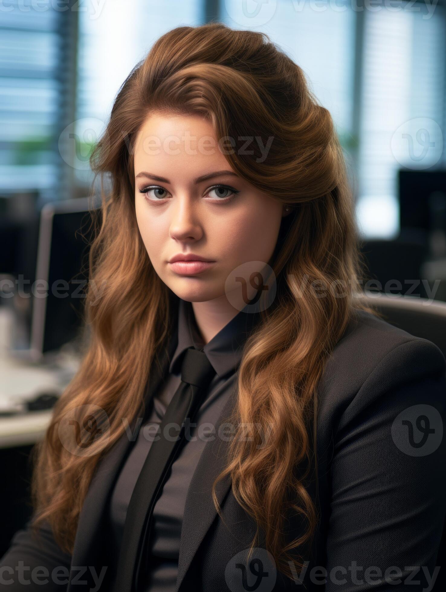 a woman wearing a black suit and tie sitting at a desk generative ai ...