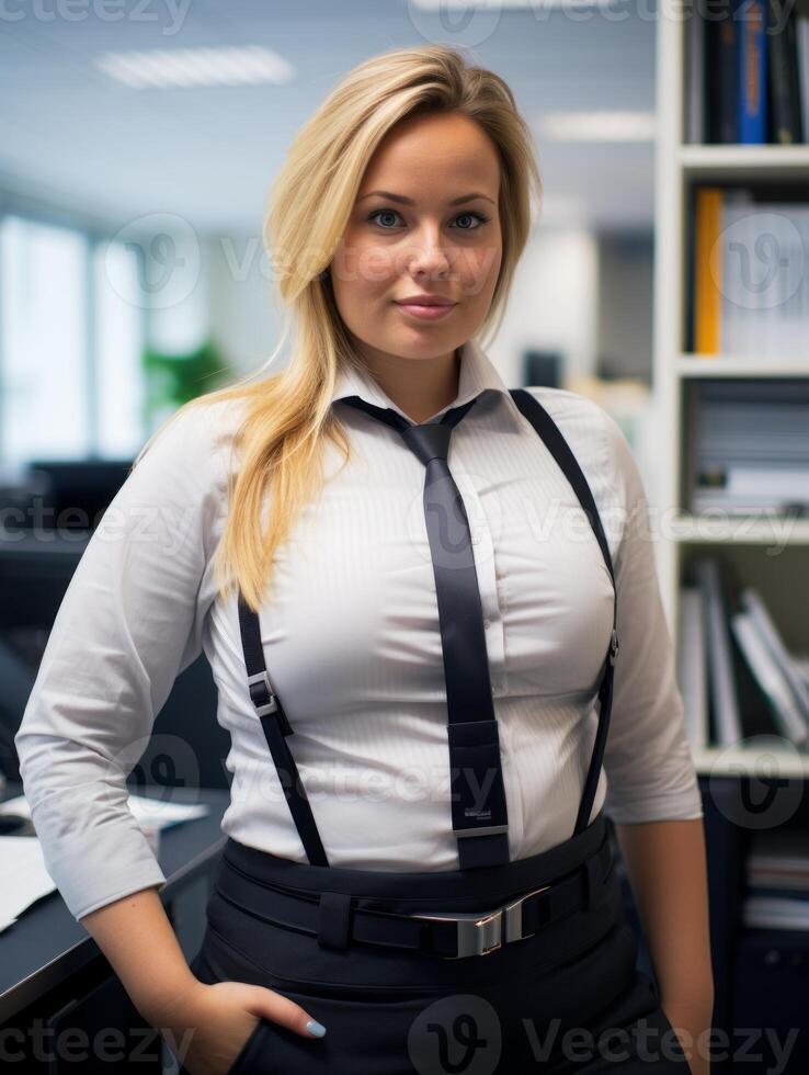 a woman wearing suspenders and a shirt posing in an office generative ...