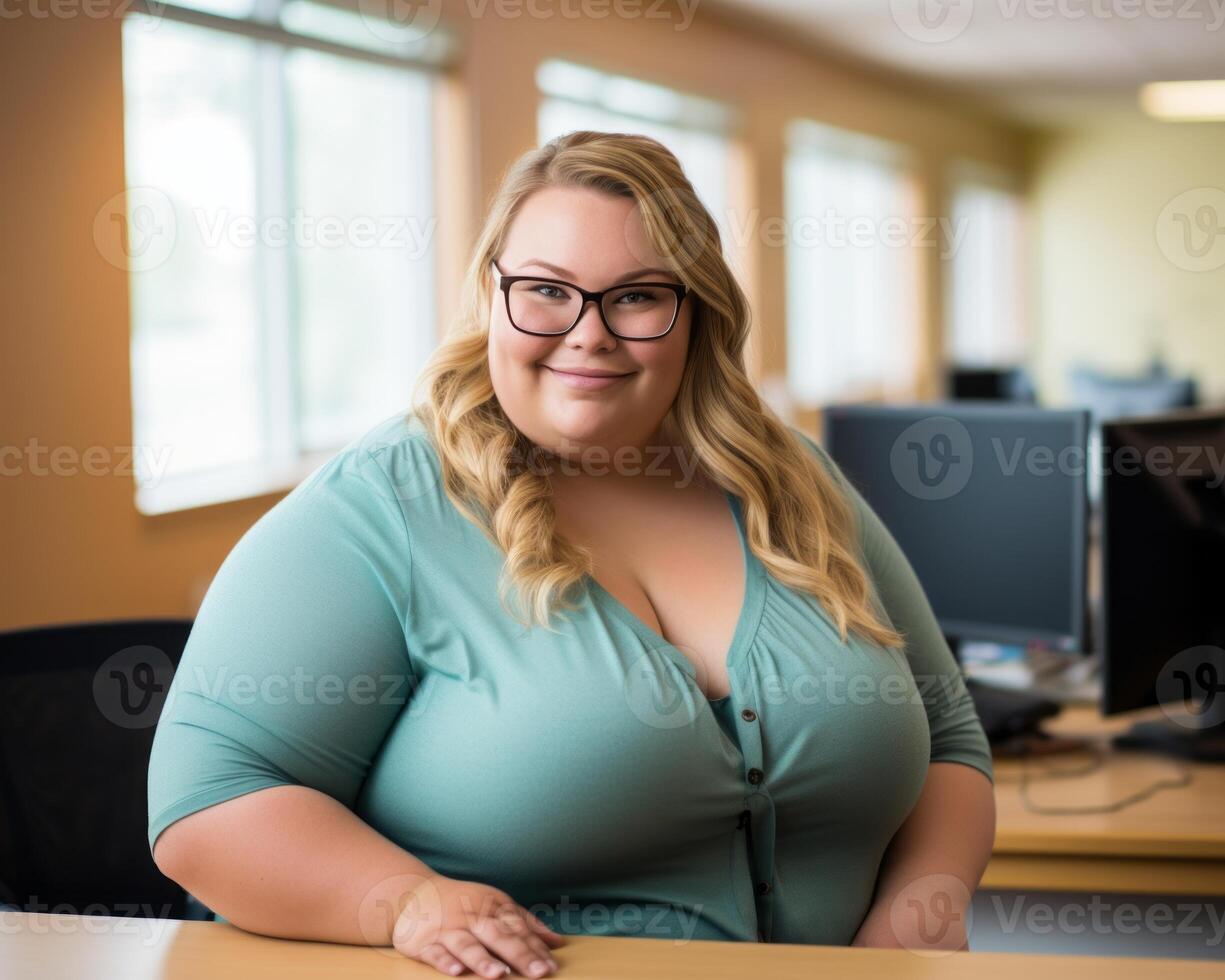 a woman with glasses sitting at a desk in an office generative ai 32096419 Stock Photo at Vecteezy