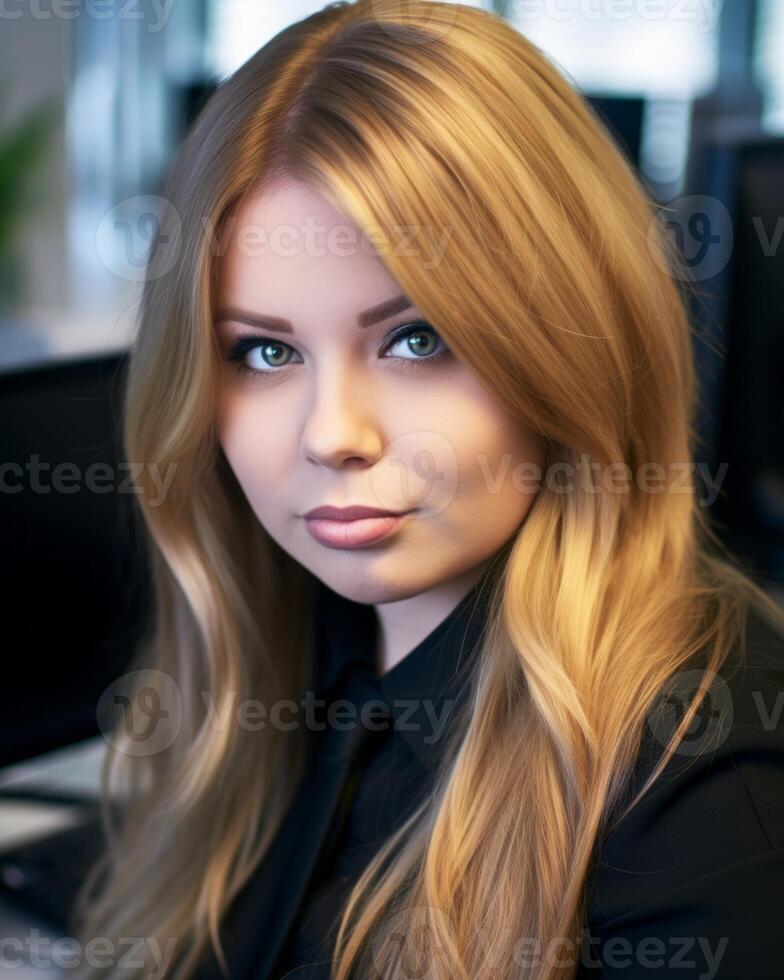 a woman with long blonde hair sitting in front of a computer generative ...