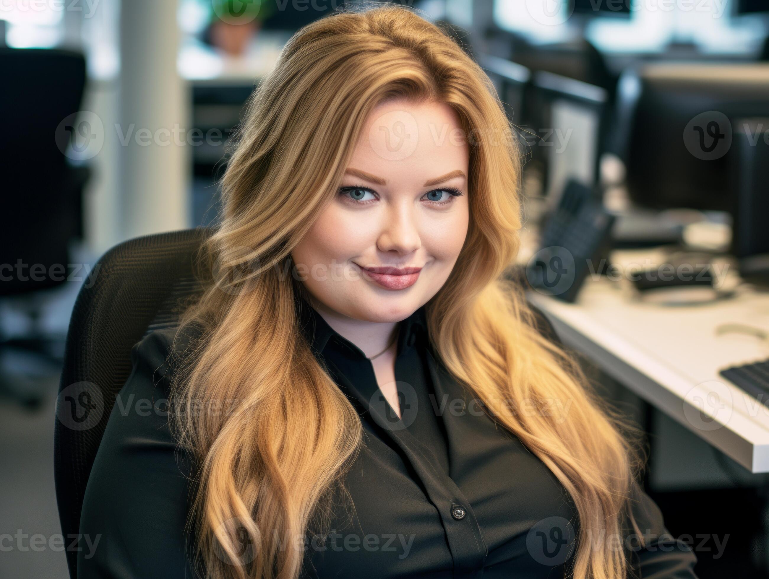 a woman with long blonde hair sitting in front of a computer generative ...