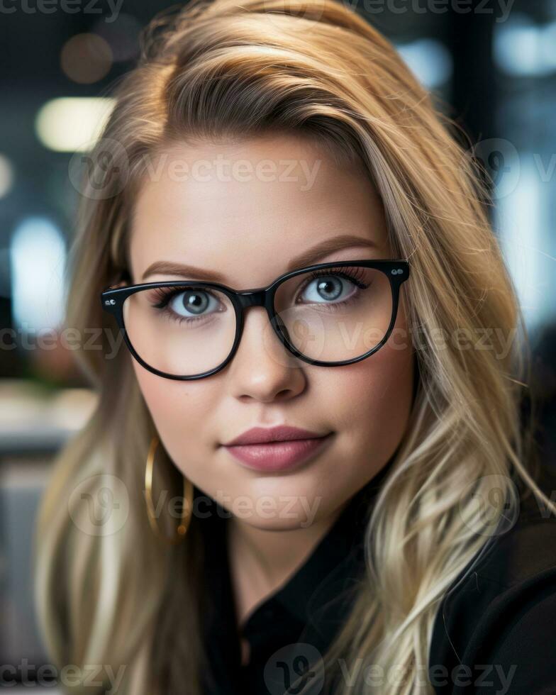 Portrait Of A Beautiful Young Woman Wearing Eyeglasses In An Office