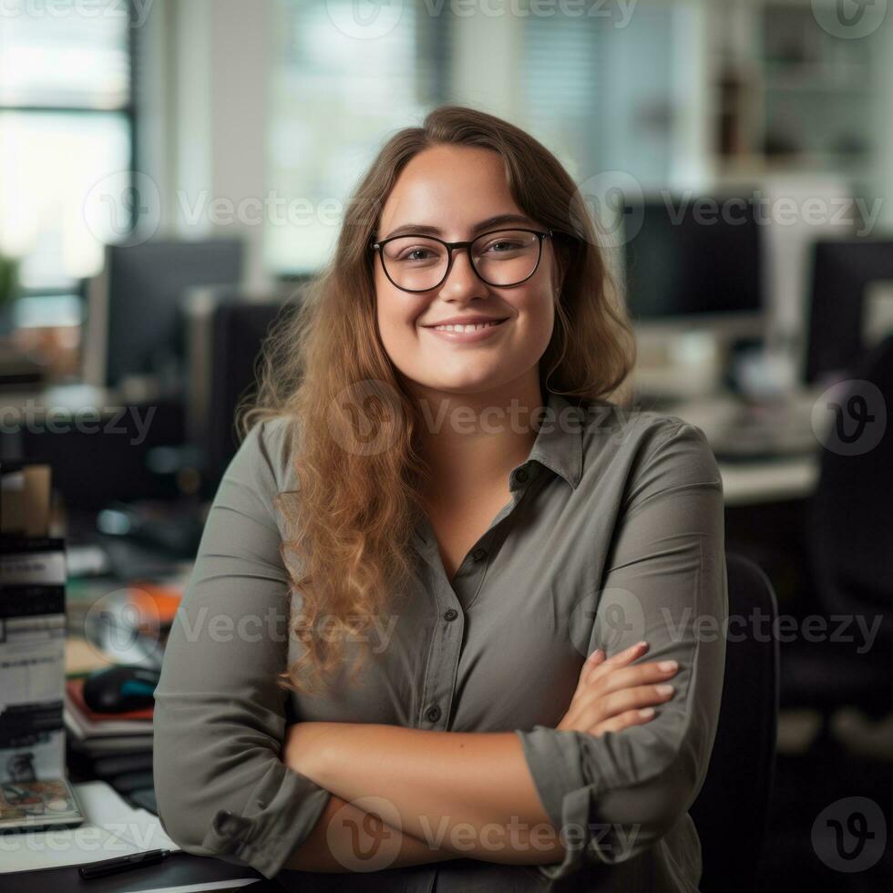 Portrait Of A Young Woman With Glasses Sitting At Her Desk In An Office Generative Ai 32097463