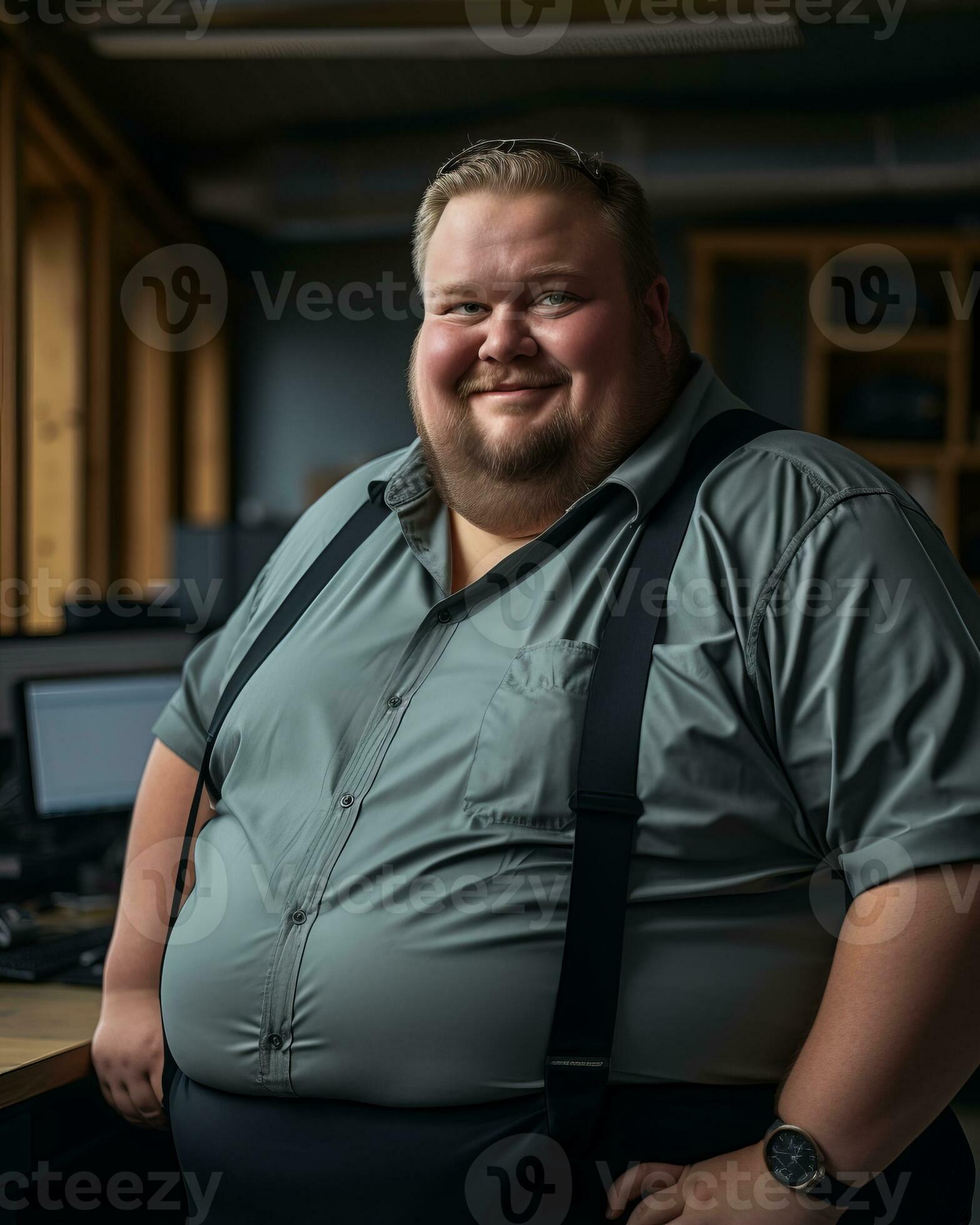 A Fat Man In A Shirt And Suspenders Standing In Front Of A Computer Generative Ai 32097820 Stock