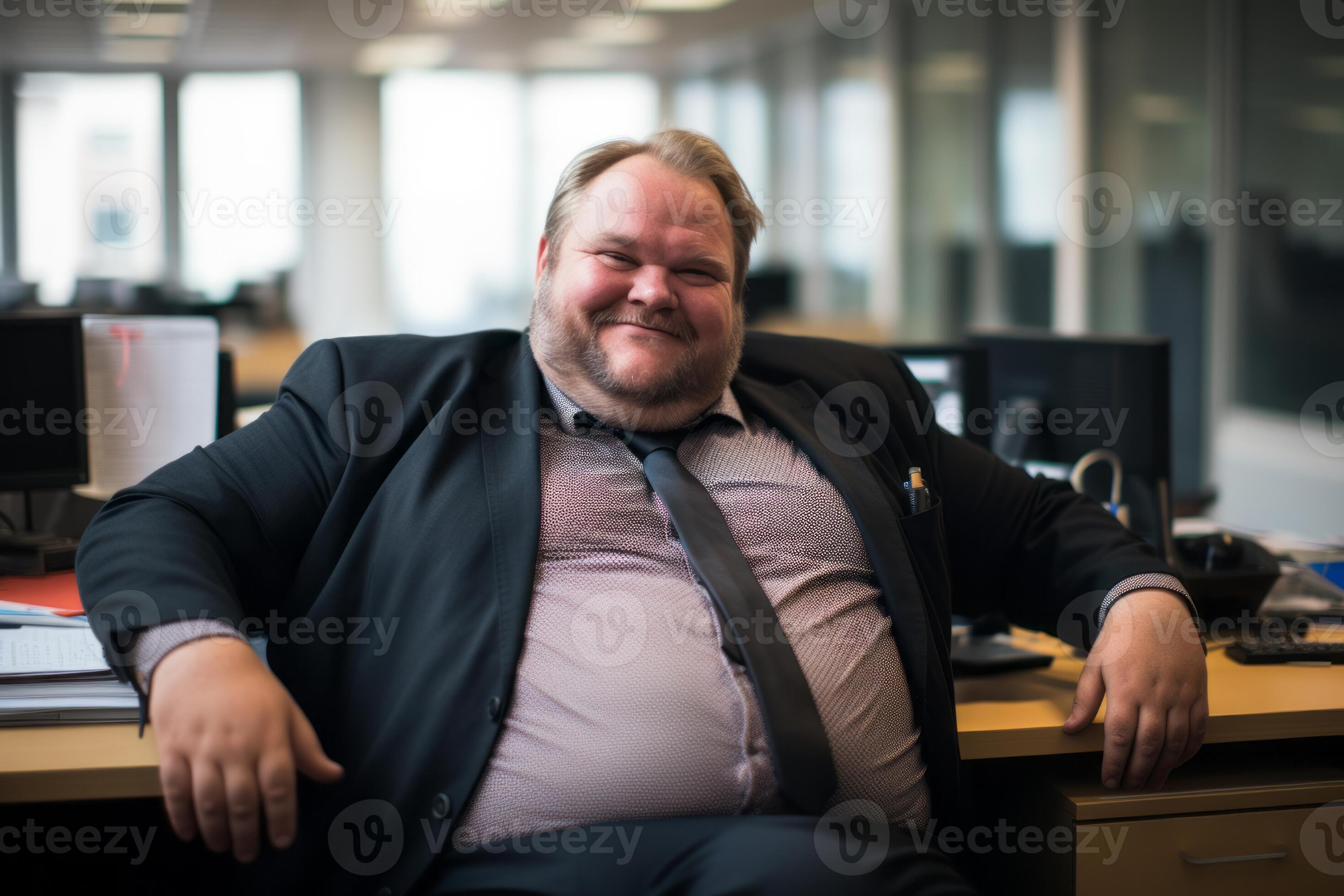 a fat man in a suit and tie sitting at a desk generative ai 32097833 ...