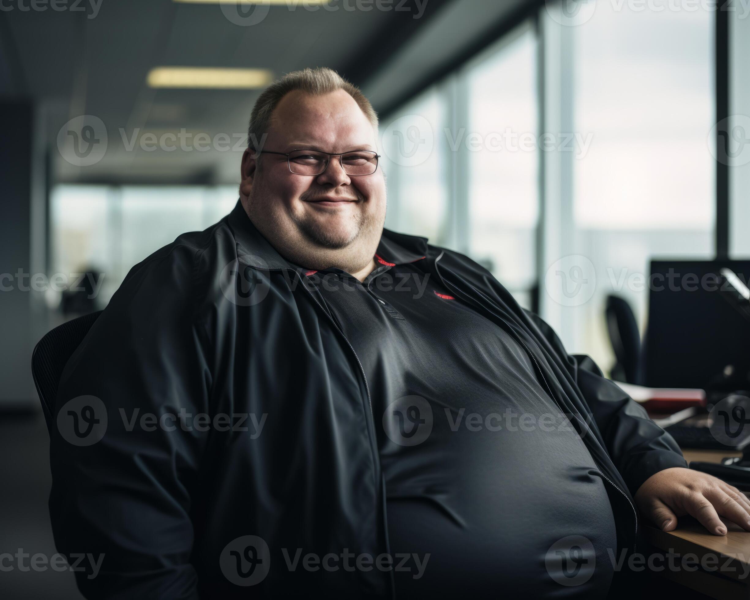 a fat man sitting at a desk in an office generative ai 32097864 Stock ...