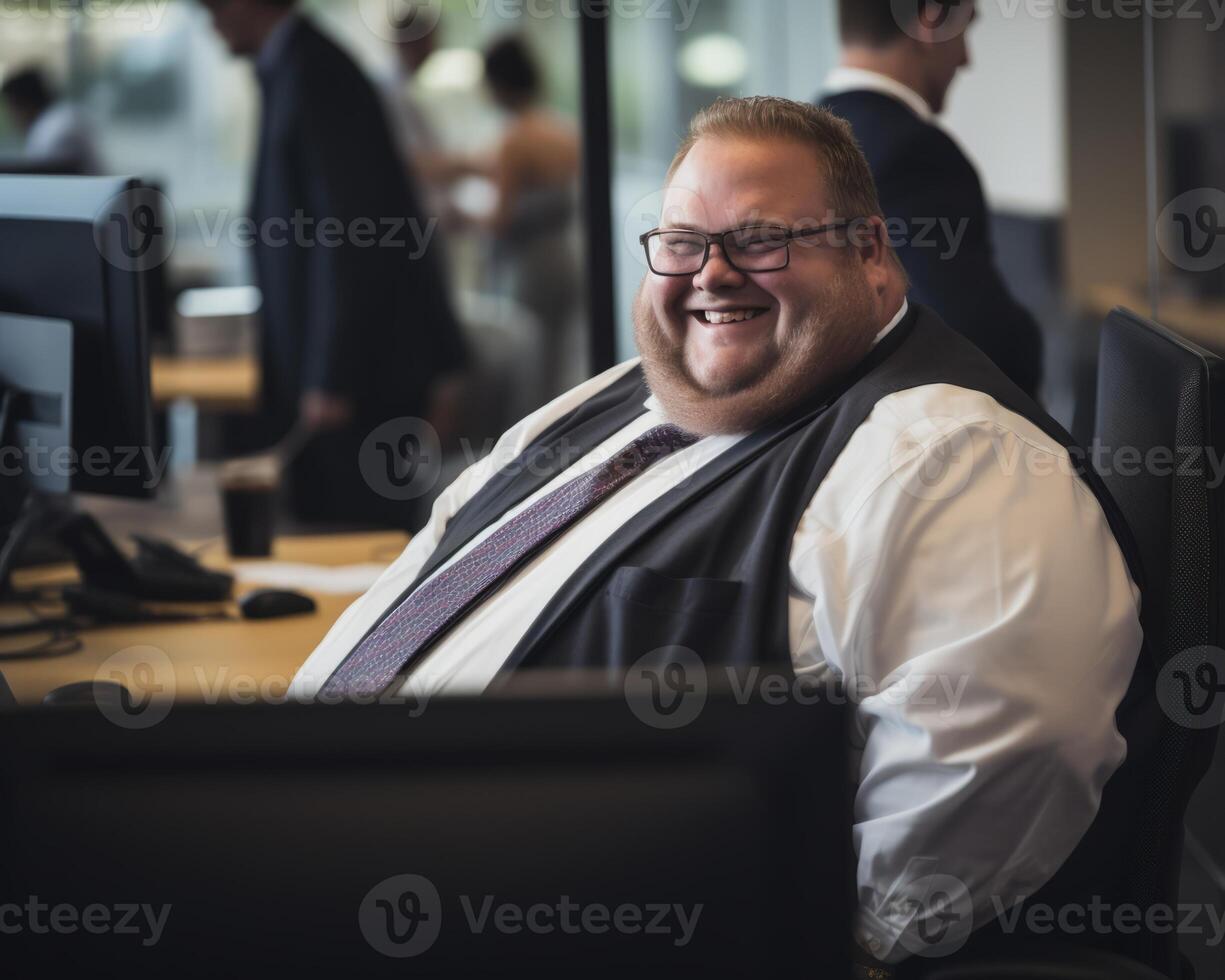 a fat man sitting at a desk in an office generative ai 32097885 Stock ...