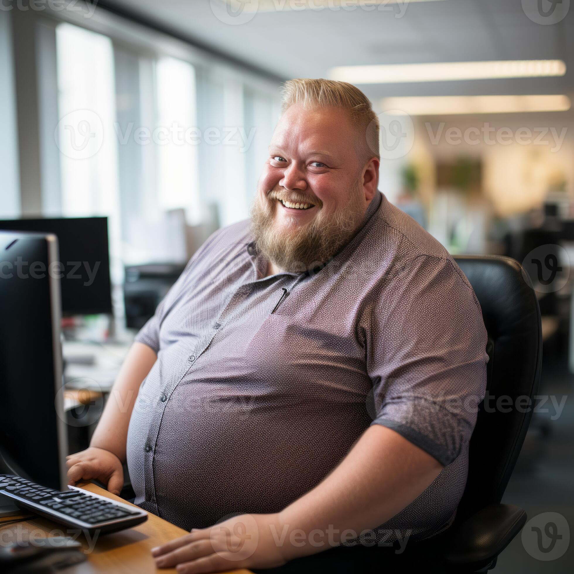 a fat man sitting at a desk in front of a computer generative ai ...