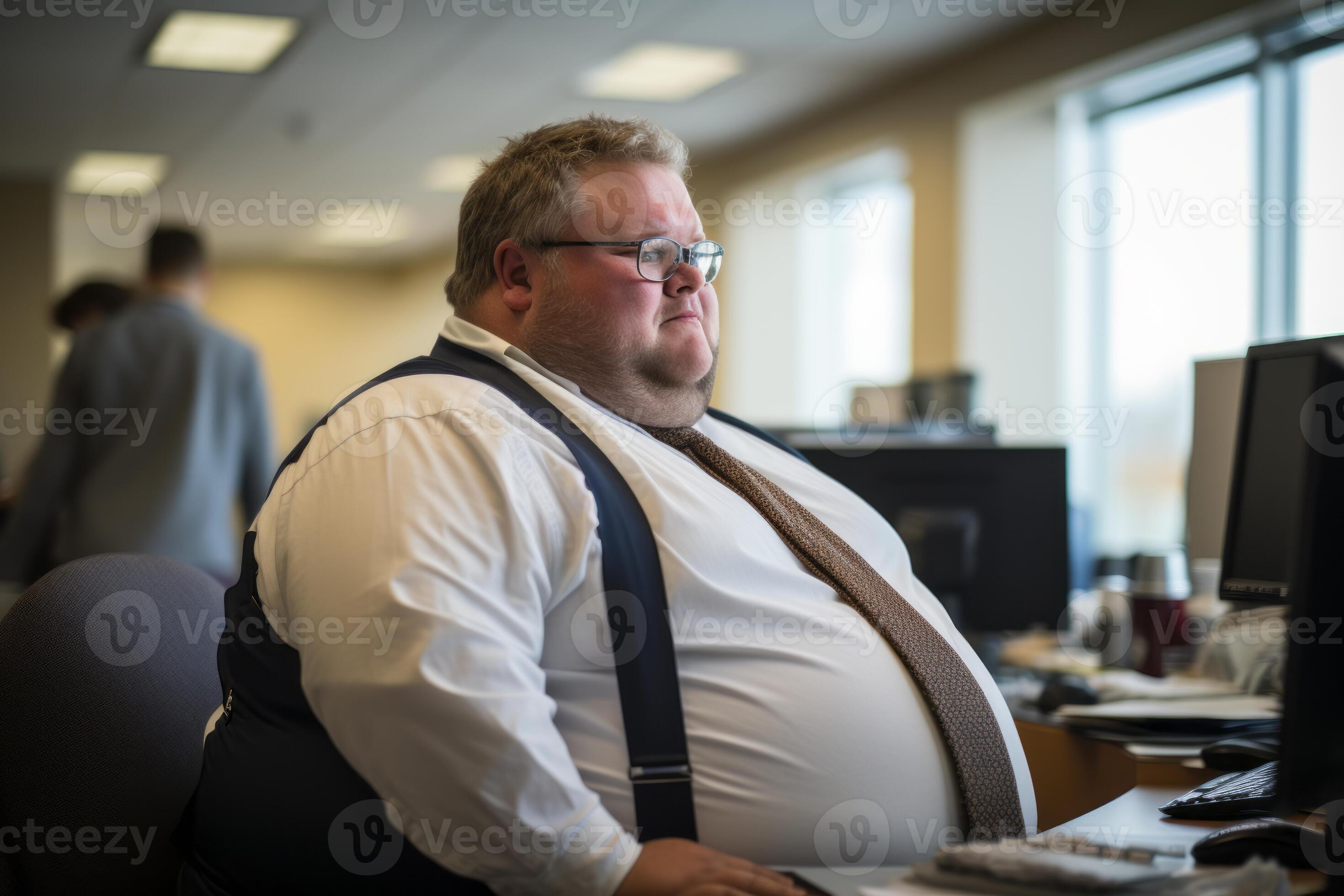 a fat man sitting at a desk in front of a computer generative ai ...