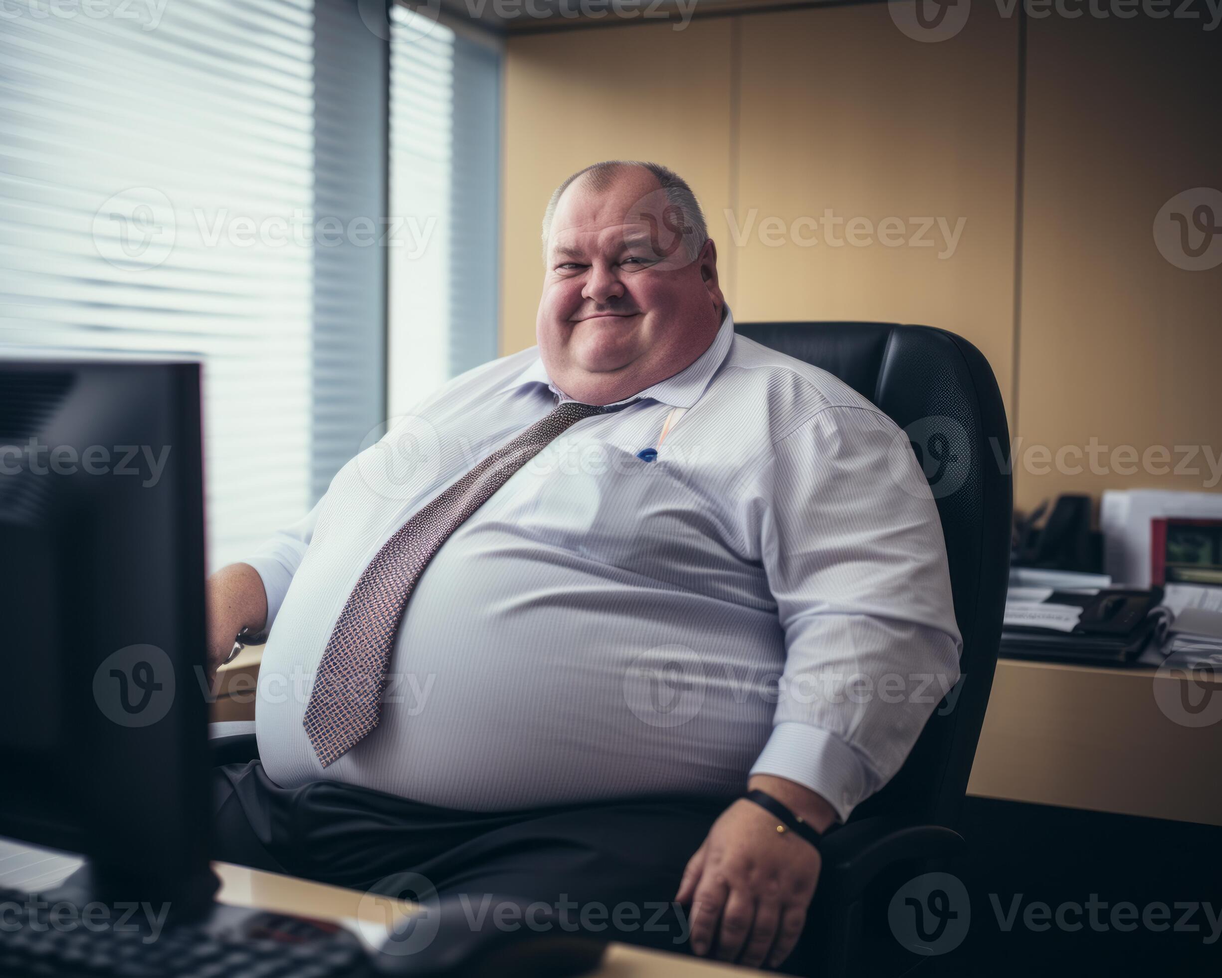 a fat man sitting at a desk in front of a computer generative ai ...