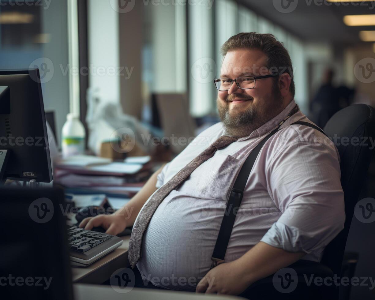 a fat man sitting at a desk in front of a computer generative ai ...