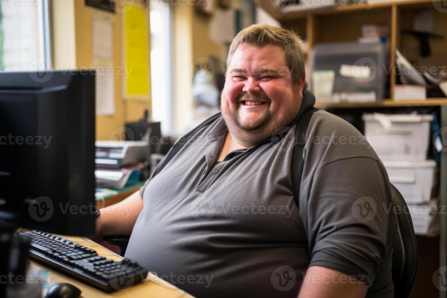 a fat man sitting at a desk in front of a computer generative ai ...