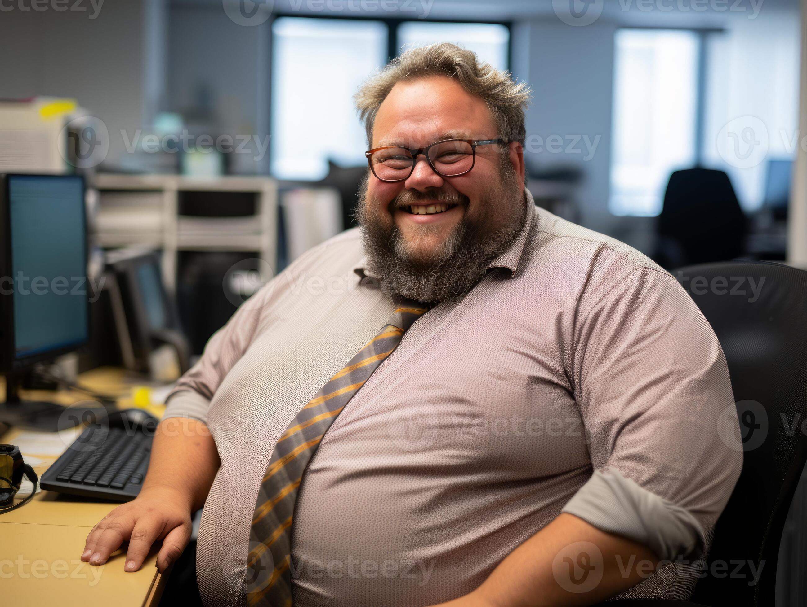a fat man sitting at a desk in front of a computer generative ai ...