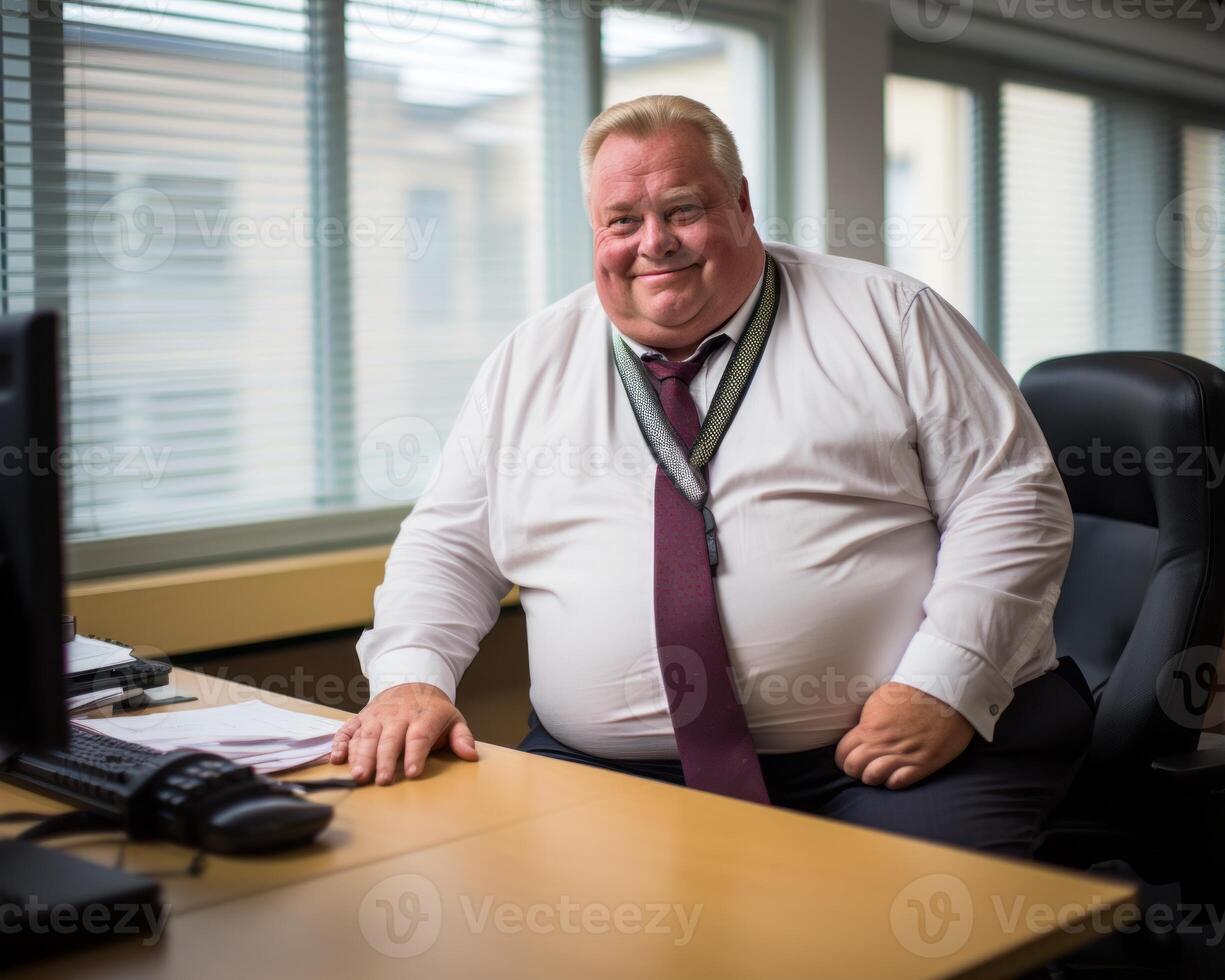 a fat man sitting at a desk in front of a computer generative ai ...