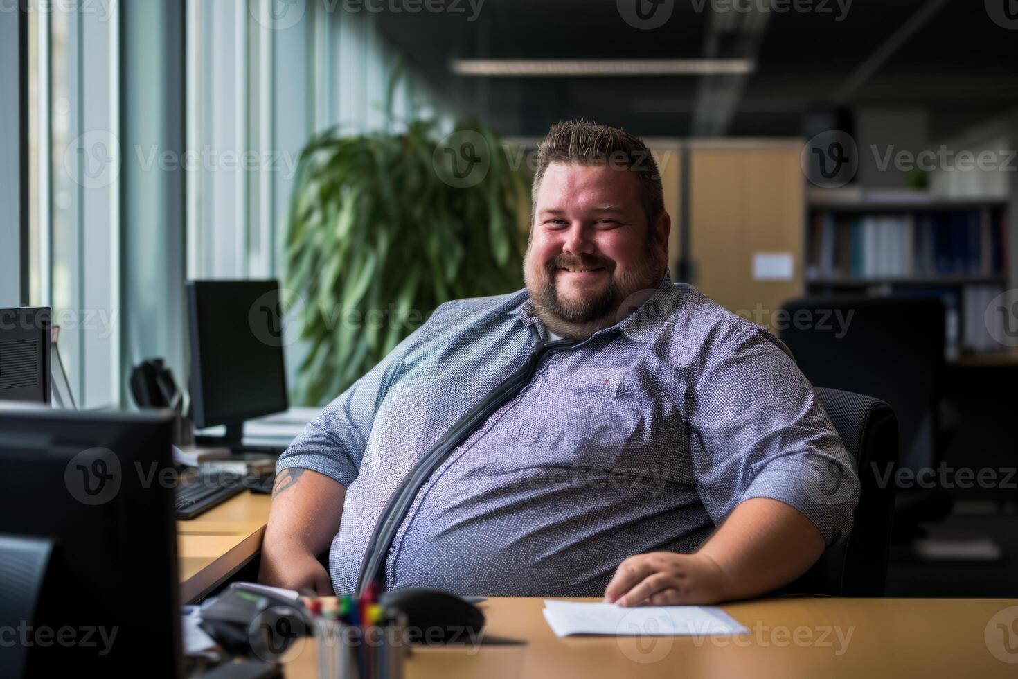 a fat man sitting at a desk in front of a computer generative ai ...