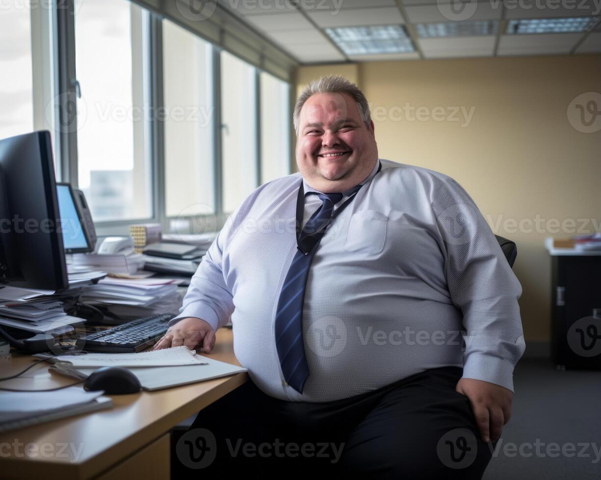 a fat man sitting at a desk in front of a computer generative ai ...