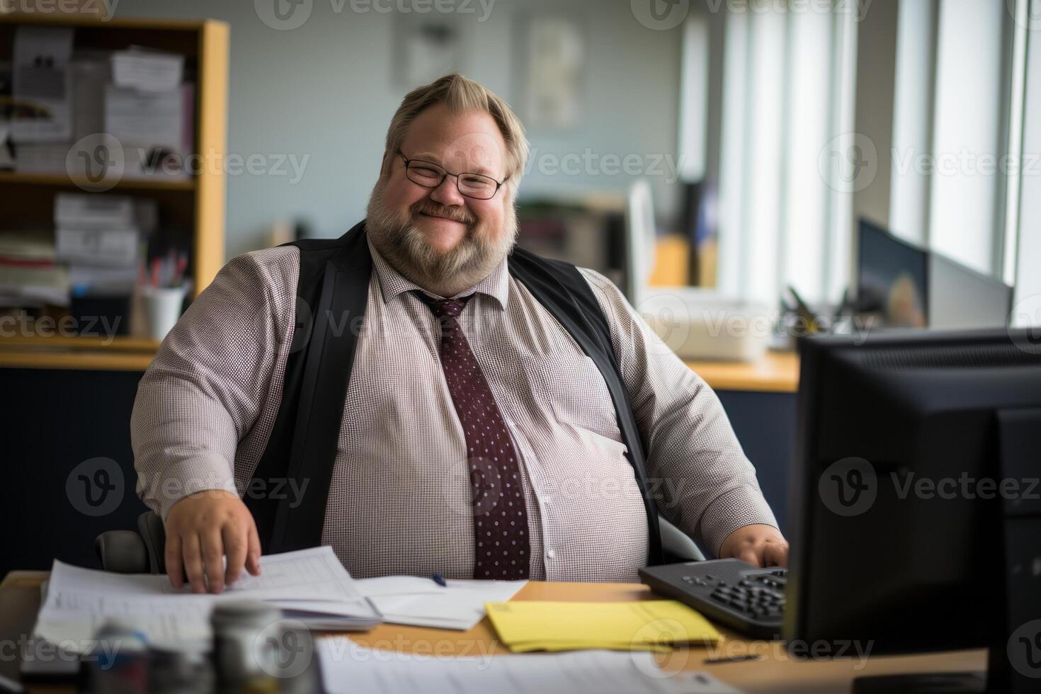 a fat man sitting at a desk in front of a computer generative ai ...