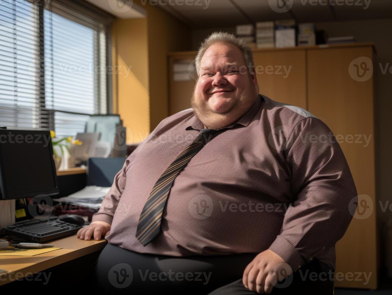 a fat man sitting at a desk in front of a computer generative ai ...