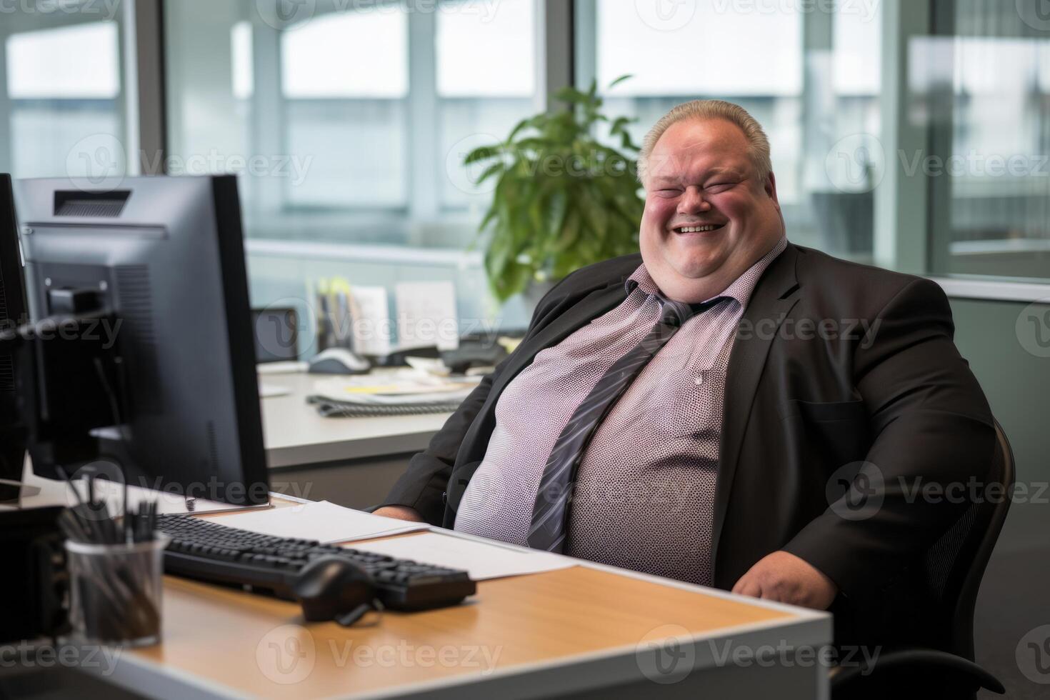 a fat man sitting at a desk in front of a computer generative ai ...