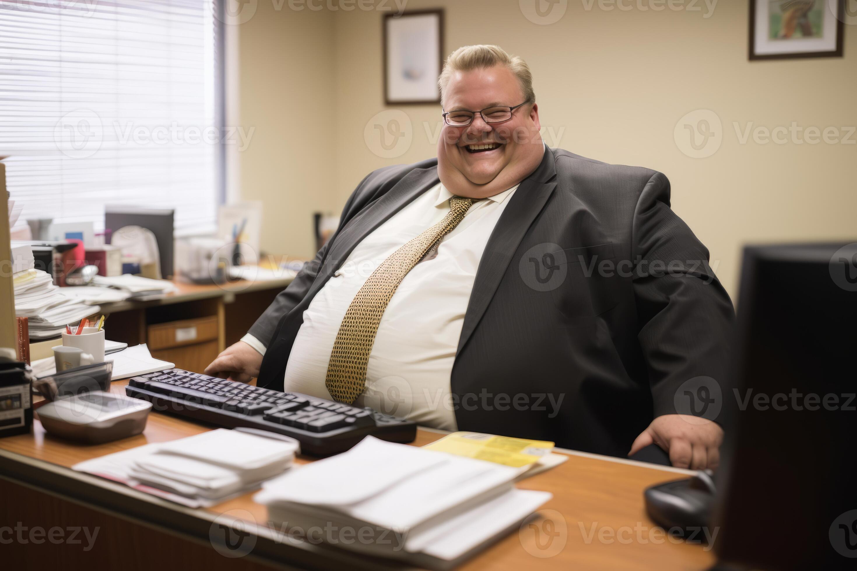 a fat man sitting at a desk generative ai 32097930 Stock Photo at Vecteezy