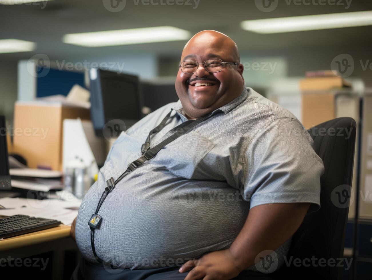 a fat man sitting at a desk generative ai 32097941 Stock Photo at Vecteezy