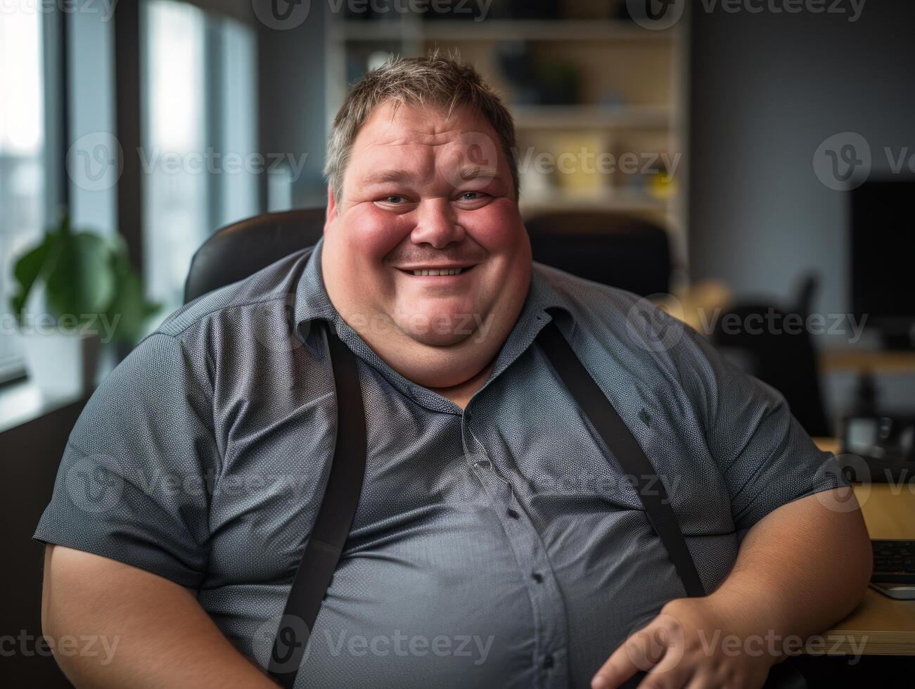 a fat man sitting in an office with a smile on his face generative ai ...
