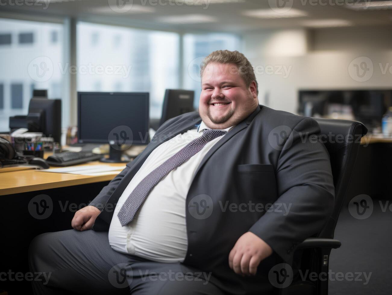 a fat man sitting in an office generative ai 32097971 Stock Photo at ...