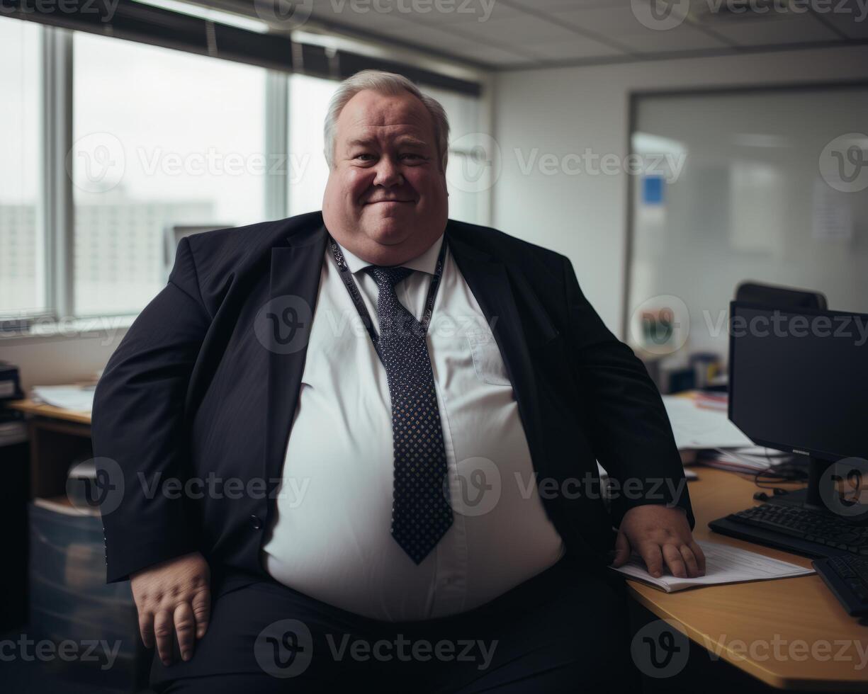 a fat man sitting in an office generative ai 32097973 Stock Photo at ...