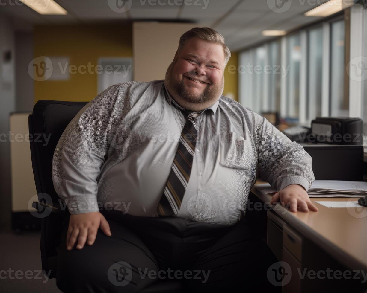 a fat man sitting in an office generative ai 32097986 Stock Photo at ...