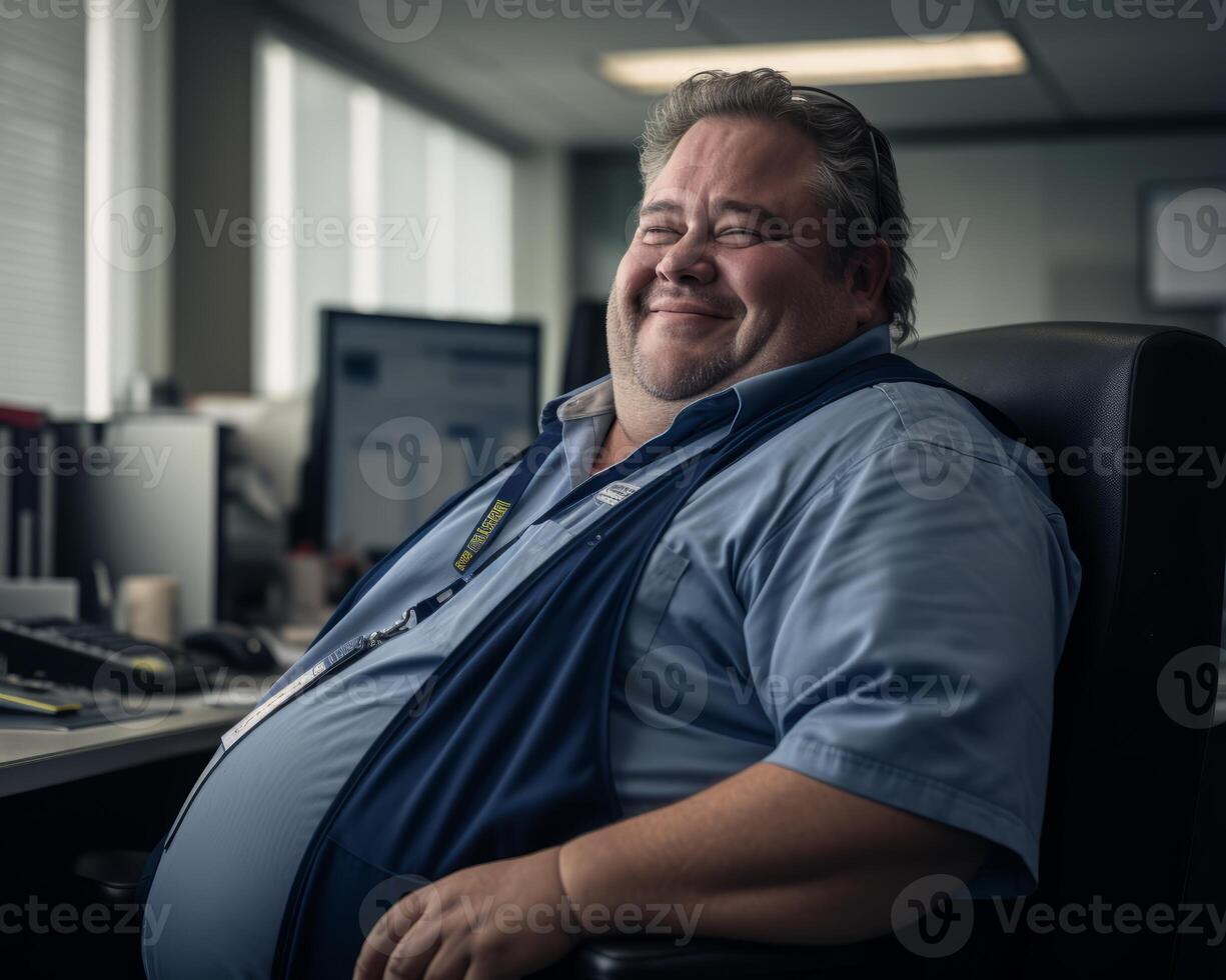 a fat man sitting in an office generative ai 32097989 Stock Photo at ...