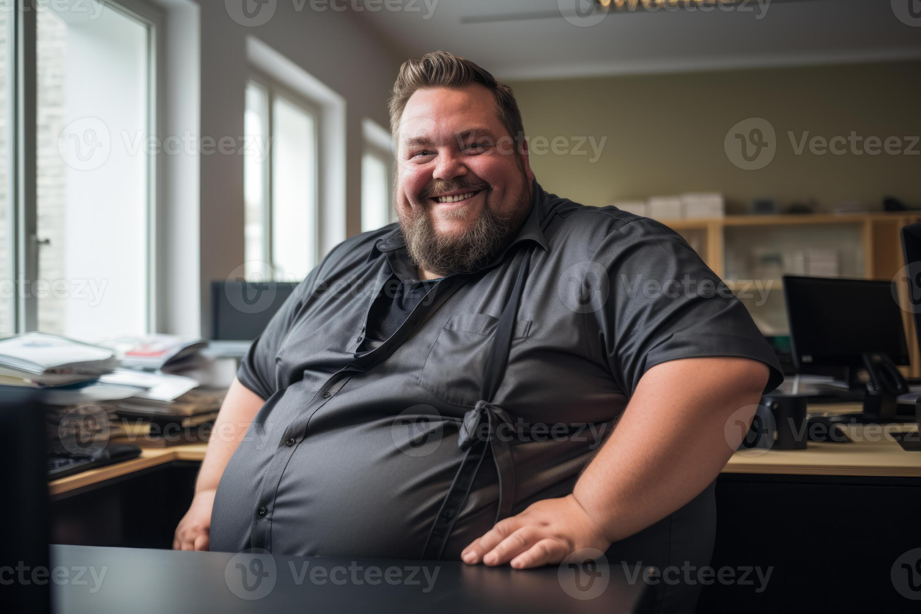 a fat man sitting at a desk in an office generative ai 32099021 Stock ...