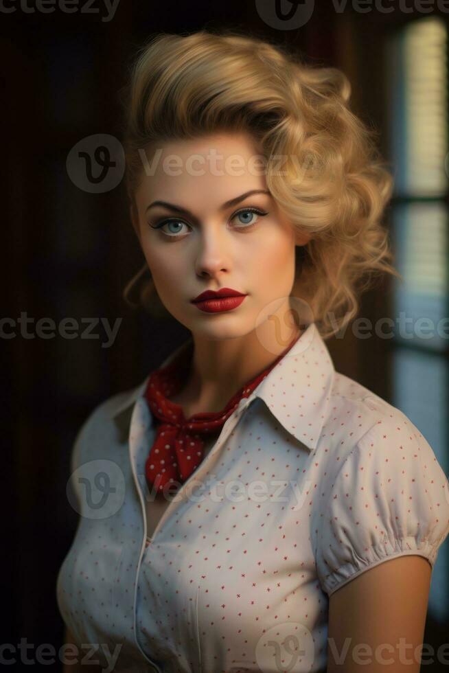 A Beautiful Blonde Woman Wearing A Polka Dot Shirt And Red Lipstick