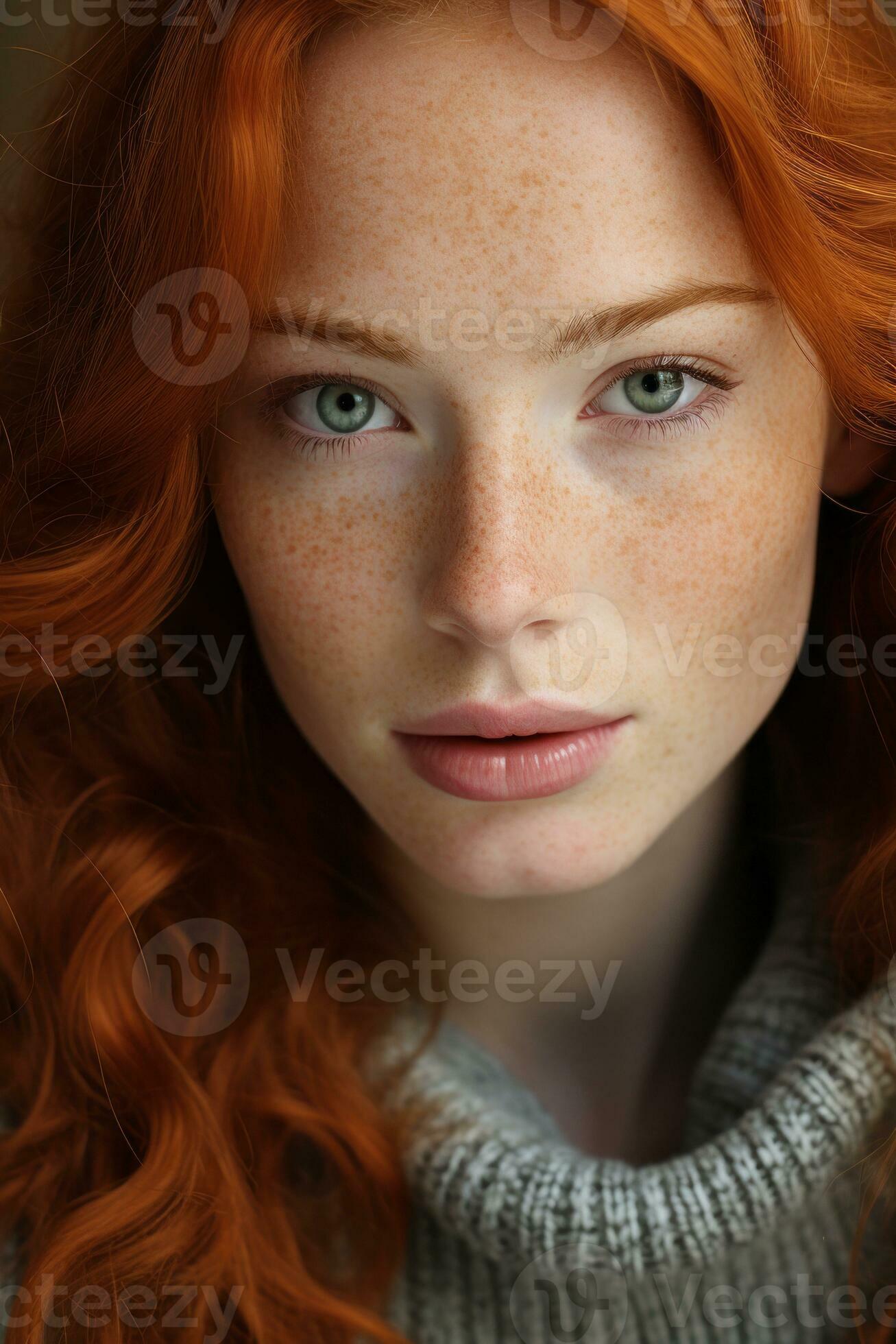 A Beautiful Red Haired Woman With Freckles On Her Face Generative Ai