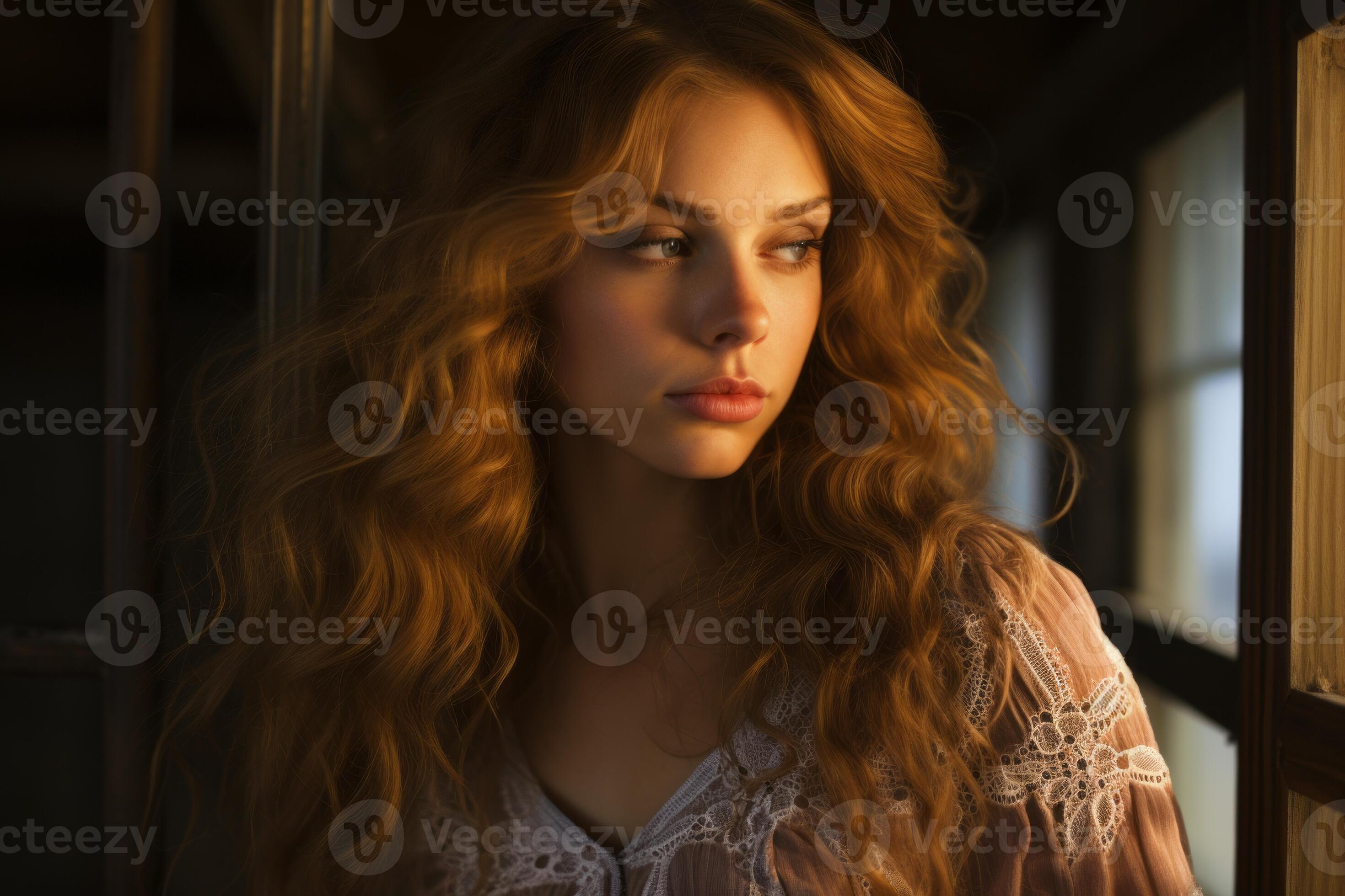 a beautiful woman with long red hair standing in front of a window generative ai 32099988 Stock ...
