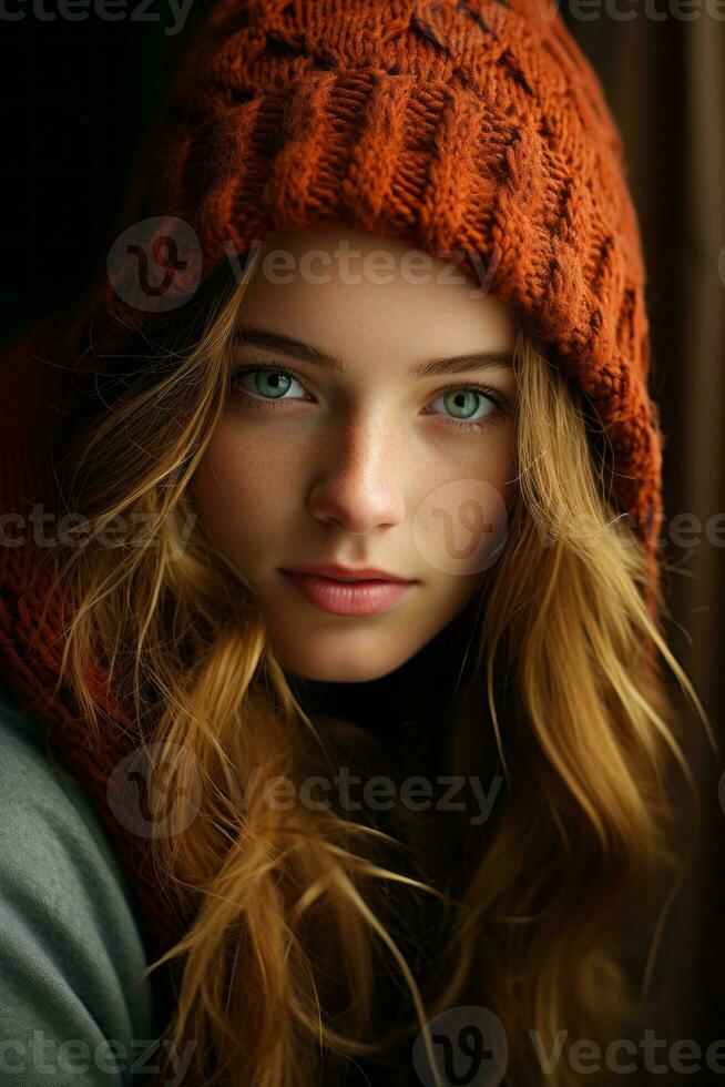 A Beautiful Young Woman With Long Red Hair Wearing A Knitted Hat