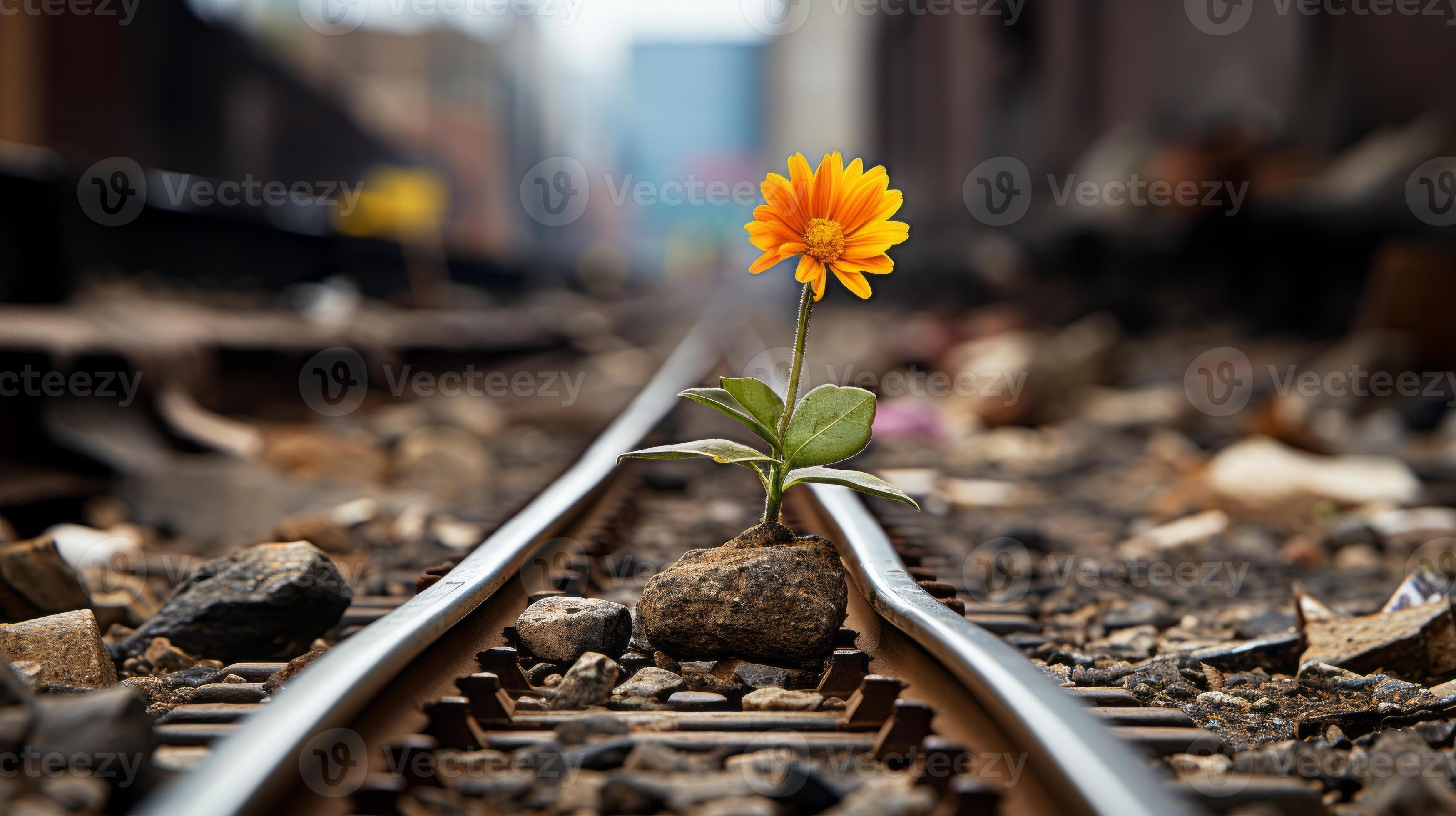 a flower growing on the tracks of a train track generative ai 32101798 ...