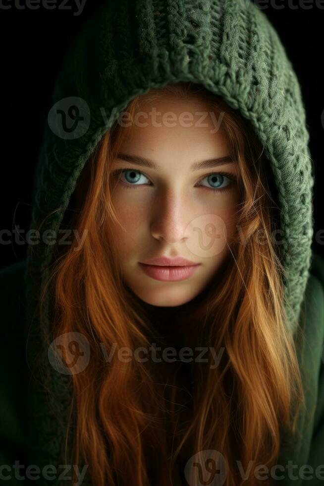 A Girl With Long Red Hair Wearing A Green Sweater Generative Ai