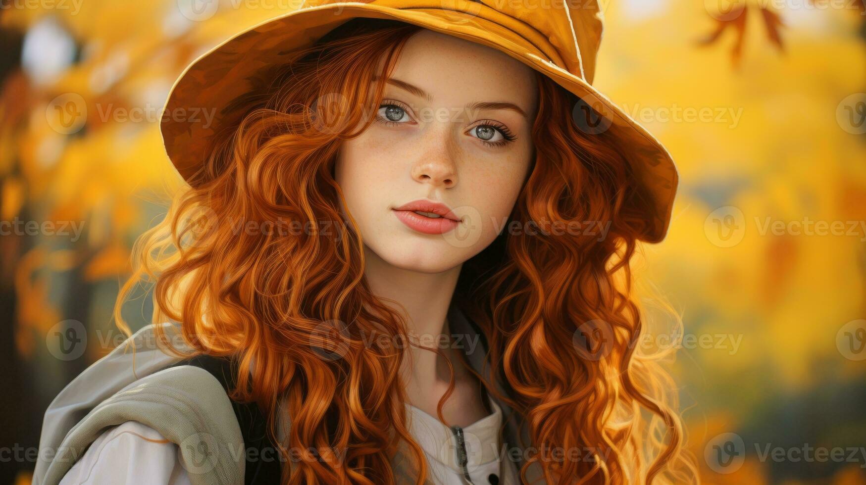 A Girl With Long Red Hair Wearing A Hat In The Fall Generative Ai