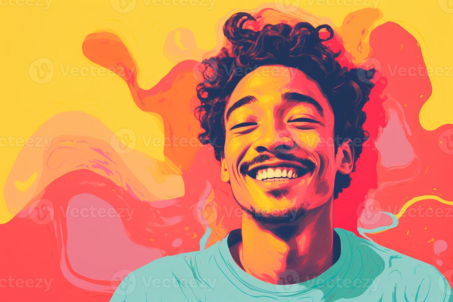 a man with curly hair is smiling in front of a colorful background ...