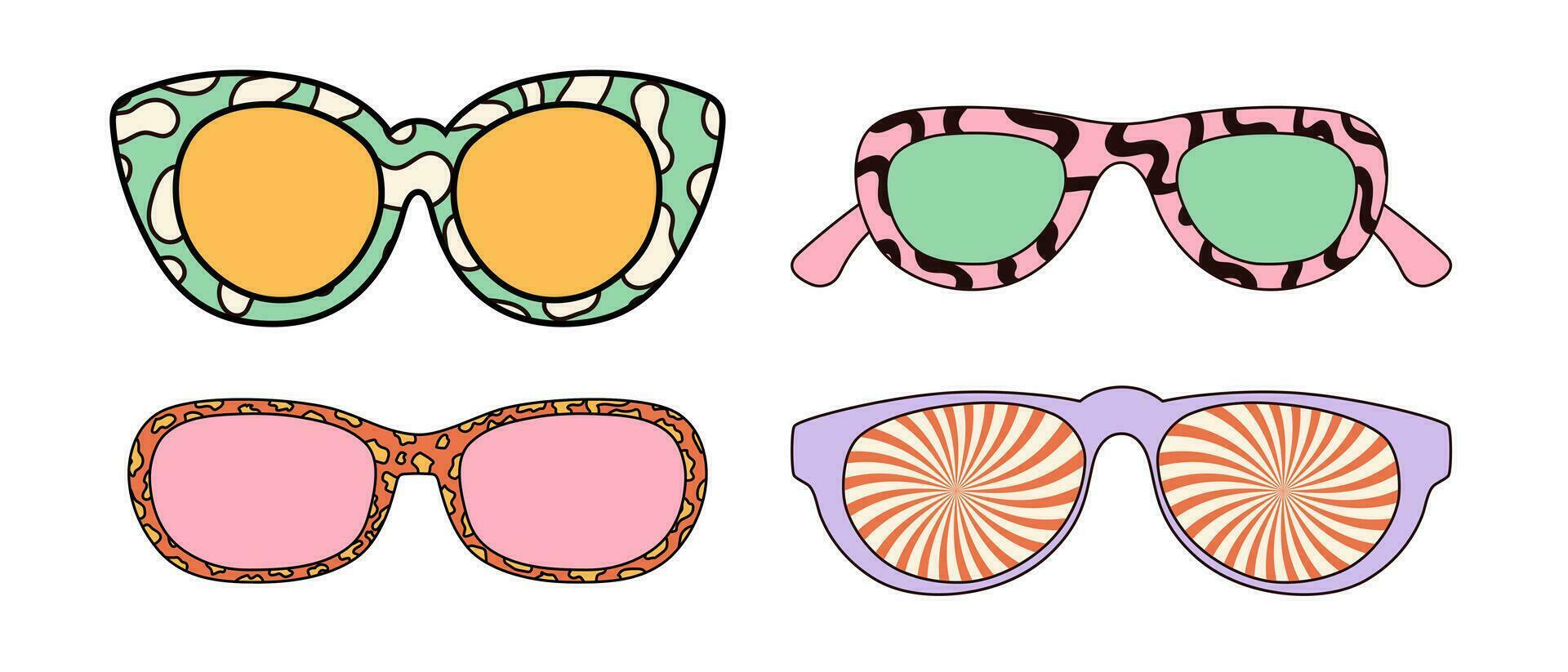 Set Of Groovy Sunglasses With Vintage Patterns And Trippy Colors Vector Graphics Isolated On
