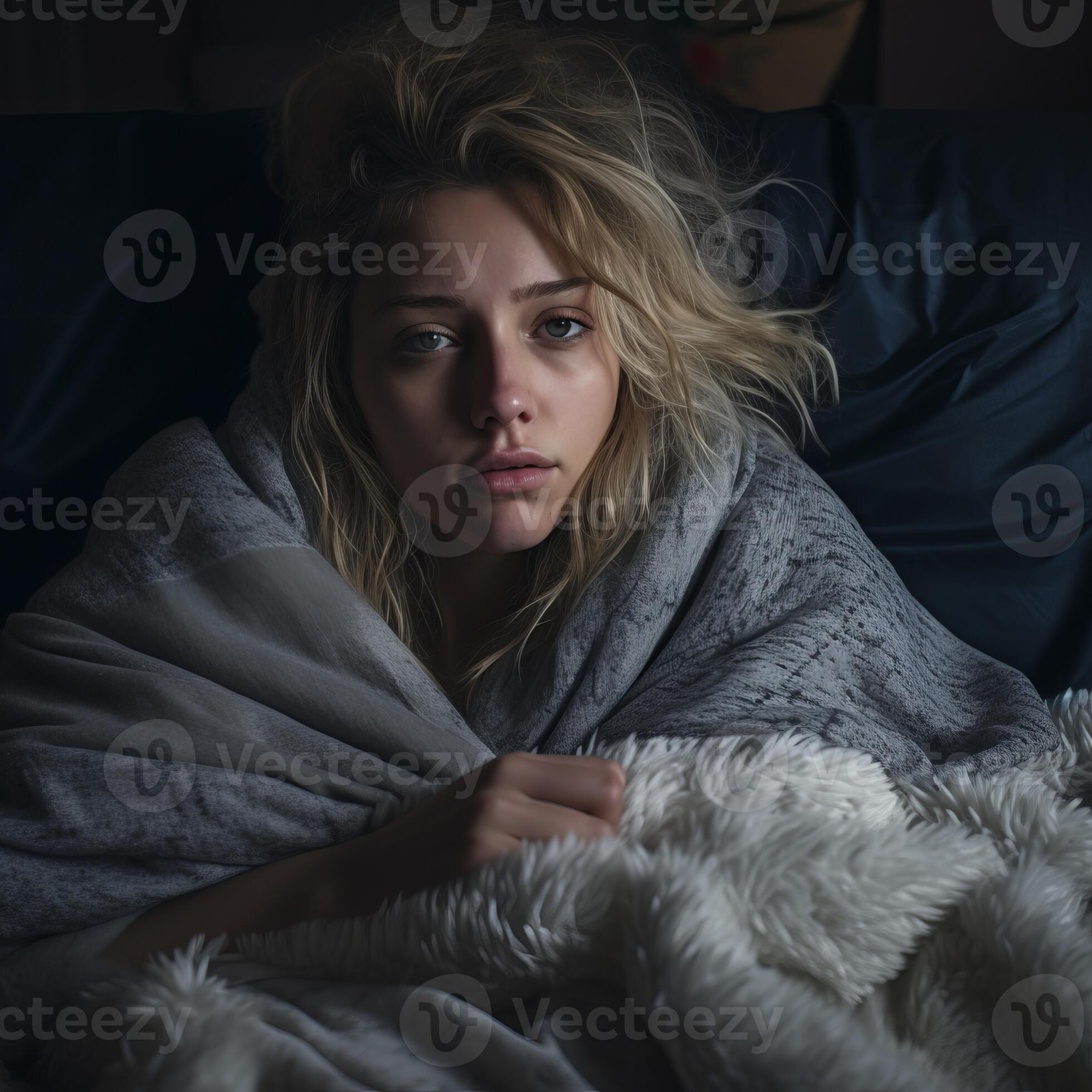 un mujer es envuelto en un cobija en un cama generativo ai 32106501 Foto de stock en Vecteezy