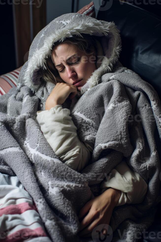 a woman wrapped up in a blanket on a bed generative ai 32110503 Stock ...