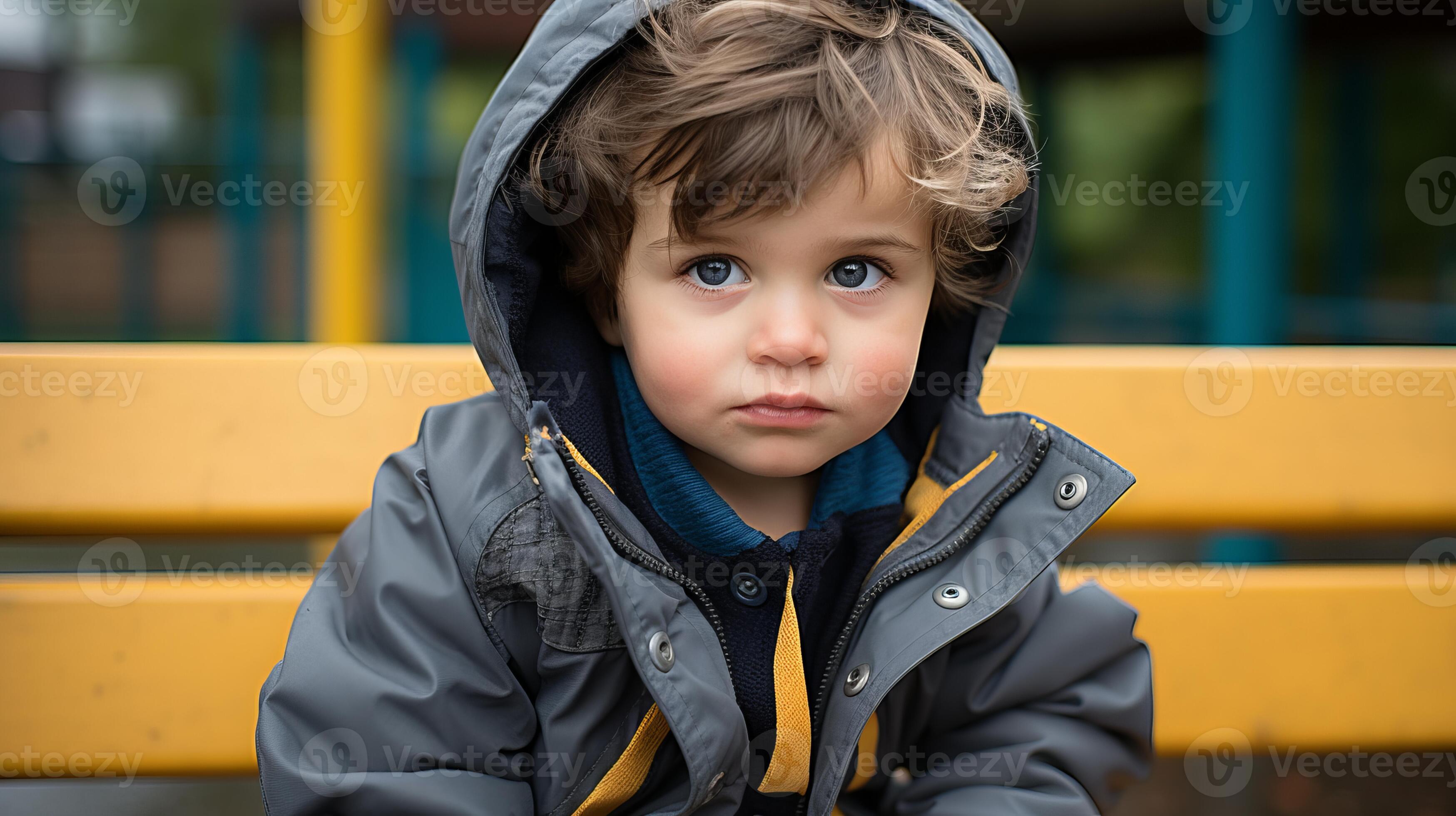 a young boy in a hooded jacket sitting on a bench generative ai ...