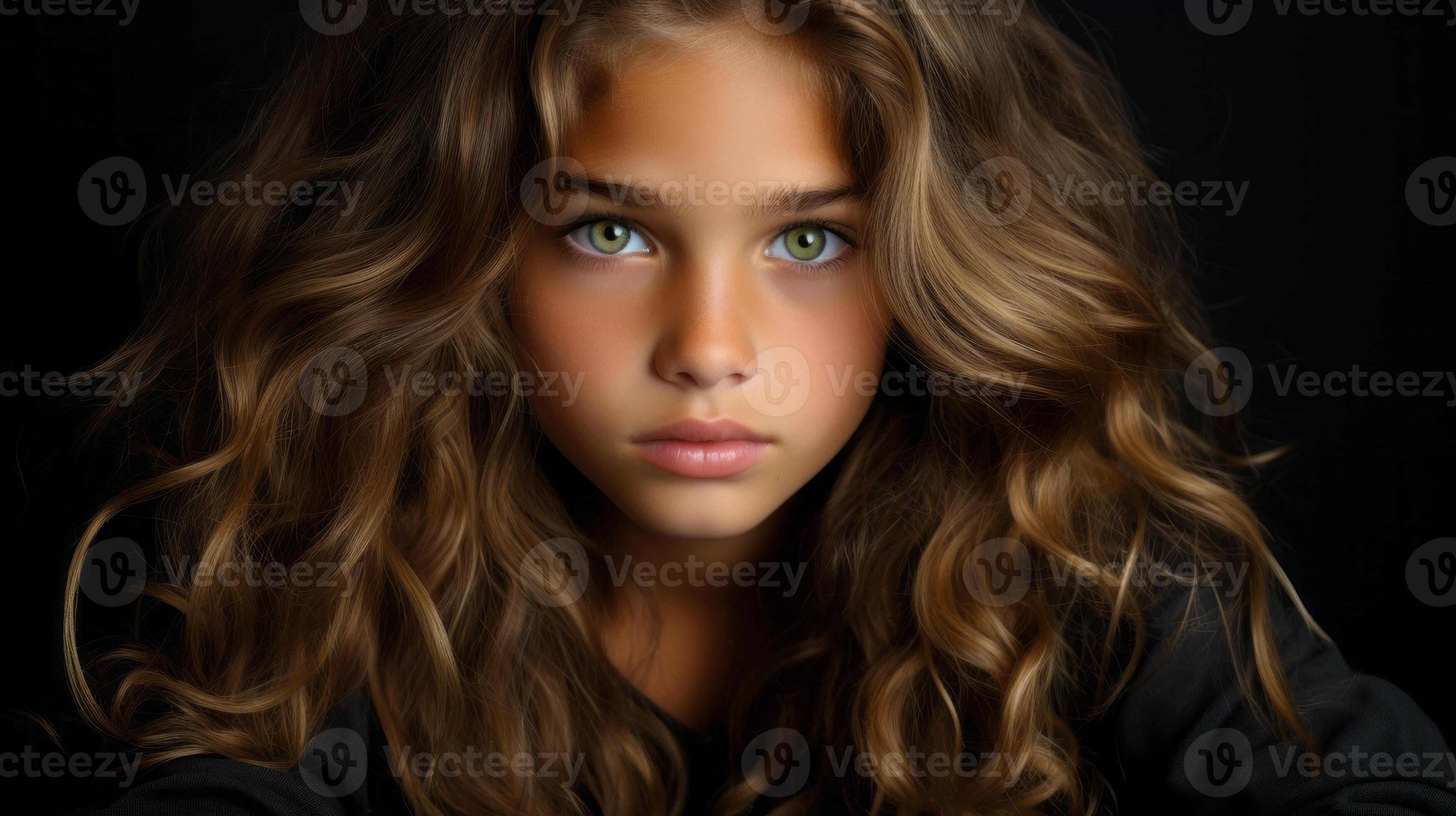 a young girl with long brown hair and green eyes generative ai 32110878 Stock Photo at Vecteezy